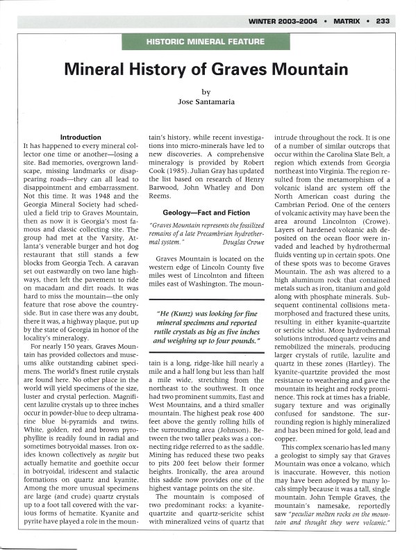 Mineral History of Graves Mountain | Focal Point Mineralogy, LLC